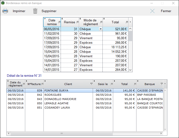 Bordereaux de remise en banque